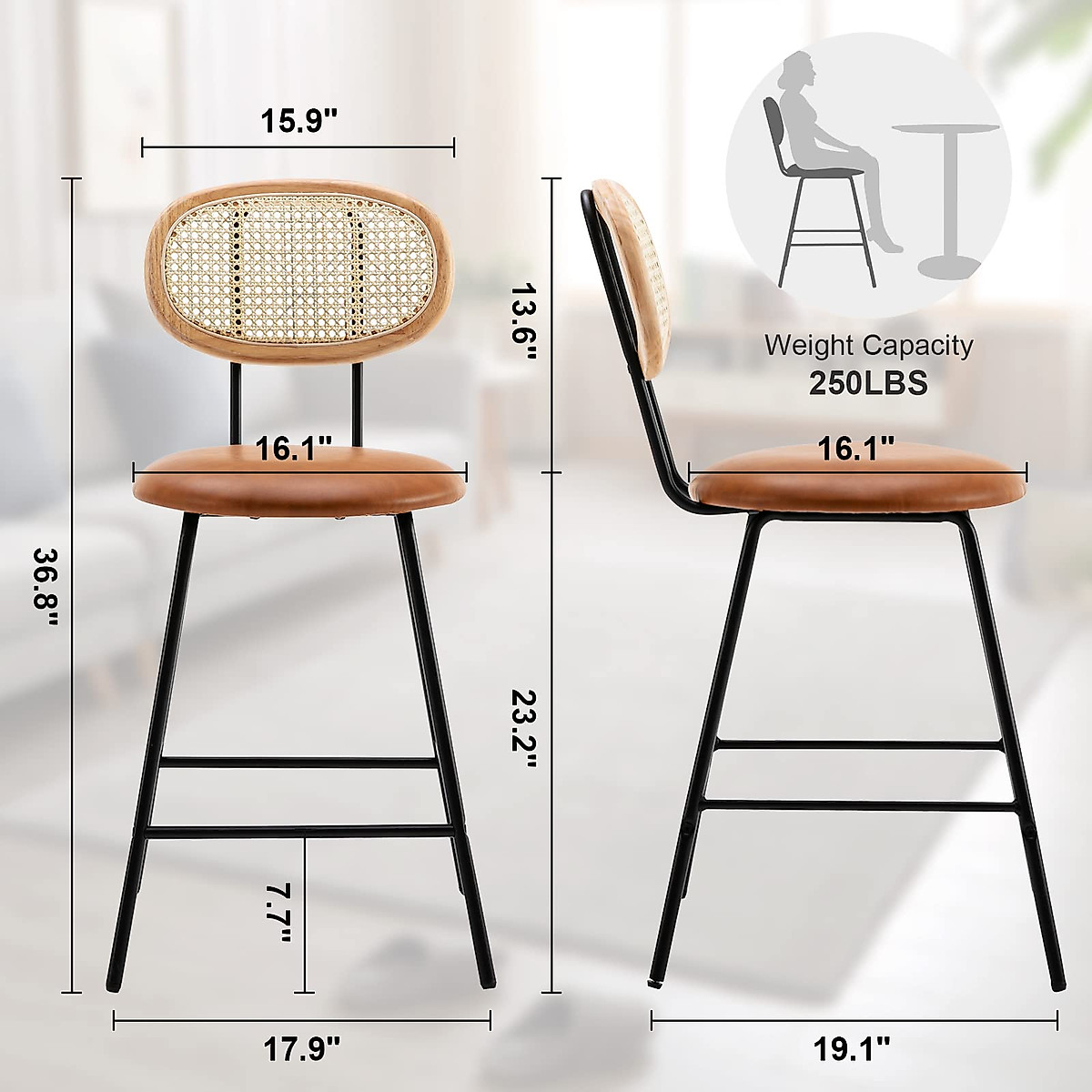 Amadi Counter Stools Rattan Back Dining Chair, Indoor Faux Leather Bar Stools Set of 2, Armless Dining Chairs with Rattan Backrest, Modern Metal Counter Height Barstools for Home Whiskey Brown,24"