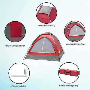 2 Person Camping Tent with Rain Fly and Carrying Bag - Lightweight Outdoor Tent for Backpacking, Hiking, or Beach Use by Wakeman Outdoors (Red)