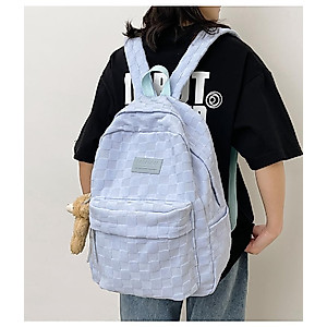 MININAI Aesthetic Checkered Backpack Light Academia Plaid Backpack Cute Preppy Backpack Fit 15.6 Inch Laptop Light Rucksack (Blue,One Size)