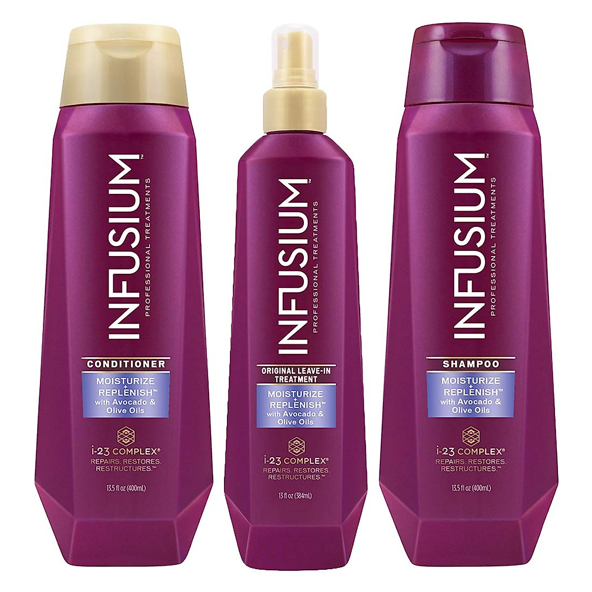 Infusium Professional Shampoo 13.5 oz, Conditioner 13.5 oz, and Leave-In Treatment 11 oz Set - Repair & Replenish - 3 Bottles