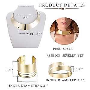 HANPABUM Women Gold Tone Choker Necklace and Cuff Bangle Bracelet Jewelry Set Exaggerated Punk Style (A:Gold Tone)