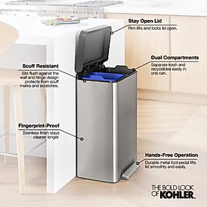 Kohler Step Trash Can, 11 Gallon Dual Compartment, White with Stainless Steel