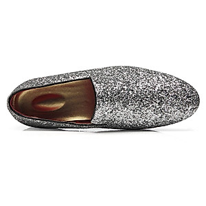 Mens Smoking Slipper Metallic Sparkling Glitter Tuxedo Slip on Dress Shoes Loafers Shoes (12.0 D(M) US, Silver)