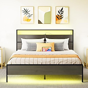 YITAHOME Queen Size Bed Frame, LED Bed Frame with 2 USB Ports, Platform Bed Frame with 10.2” Under Bed Storage Clearance, Strong Metal Slats Support, No Box Spring Needed, Black Brown