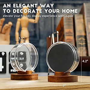 JupDec Hockey Puck Display Case Acrylic Clear Holder with Wood Base, Autograph Souvenir Display Stand, Perfect Showcase for Your Collection, Brown, 1 Pack