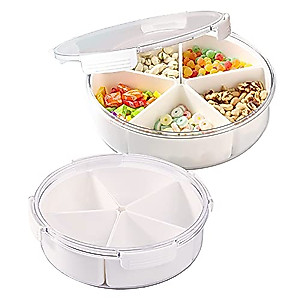 Yuroochii Round Plastic Divided Serving Tray with Lids, Snack fruit tray, 5 Compartment Round Food Storage Lunch Organizer, food storage lunch storage box, vegetarian candy snack party appetizer tray