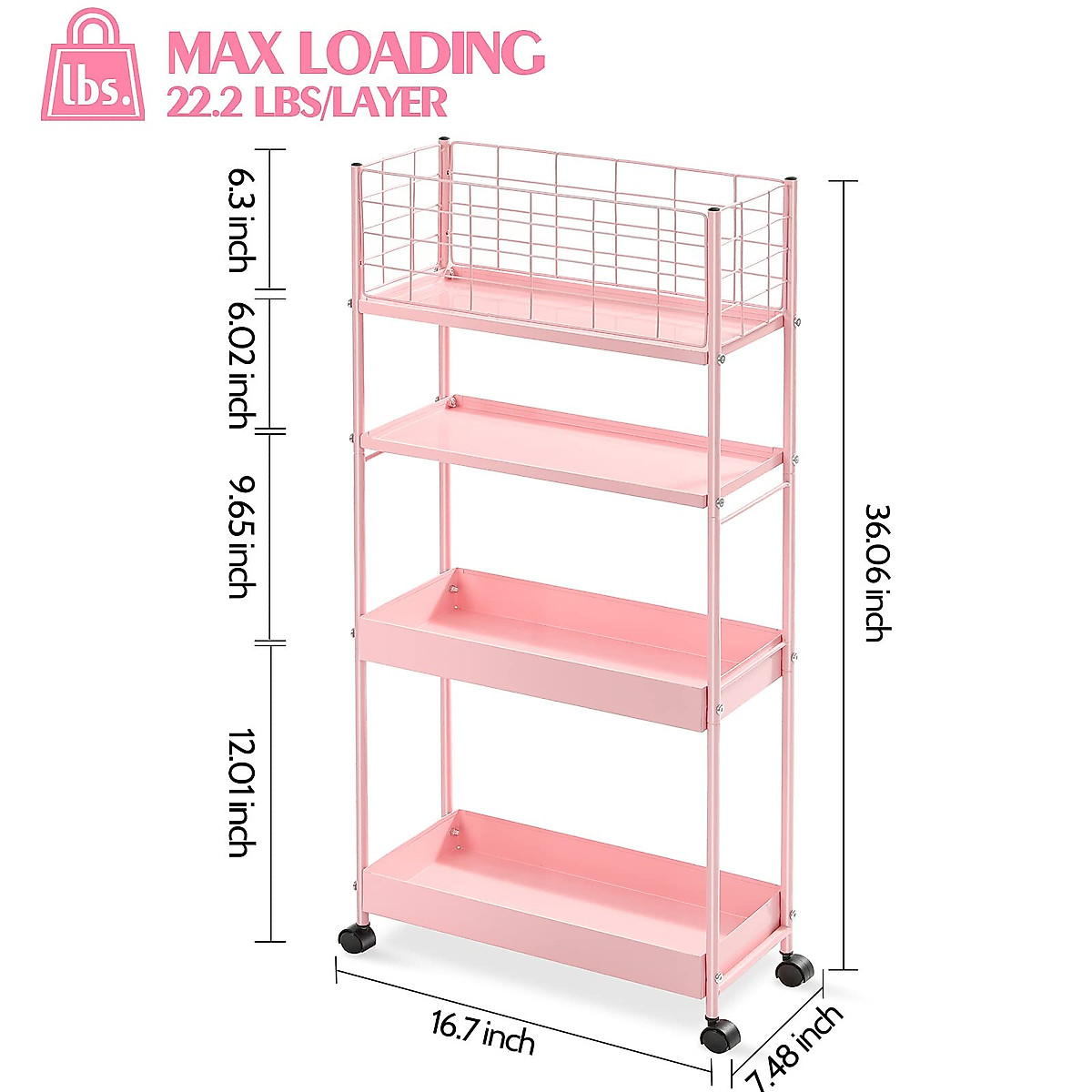KINGRACK Slim Storage Cart,4-Tier Metal Utility Rolling Cart with Wheels,Slide Out Storage Cart, Skinny Storage Rolling Cart,Storage Trolley Cart for Office Bedroom Bathroom Narrow Place,Pink
