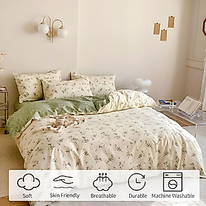 Rvciby Vintage Floral Duvet Cover Queen Size,100% Cotton Chic Shabby Beige Green Breathable Reversible Comforter Cover Set,3 Pieces,1 Duvet Cover with Zipper Closure & Corner Ties and 2 Pillow Shams