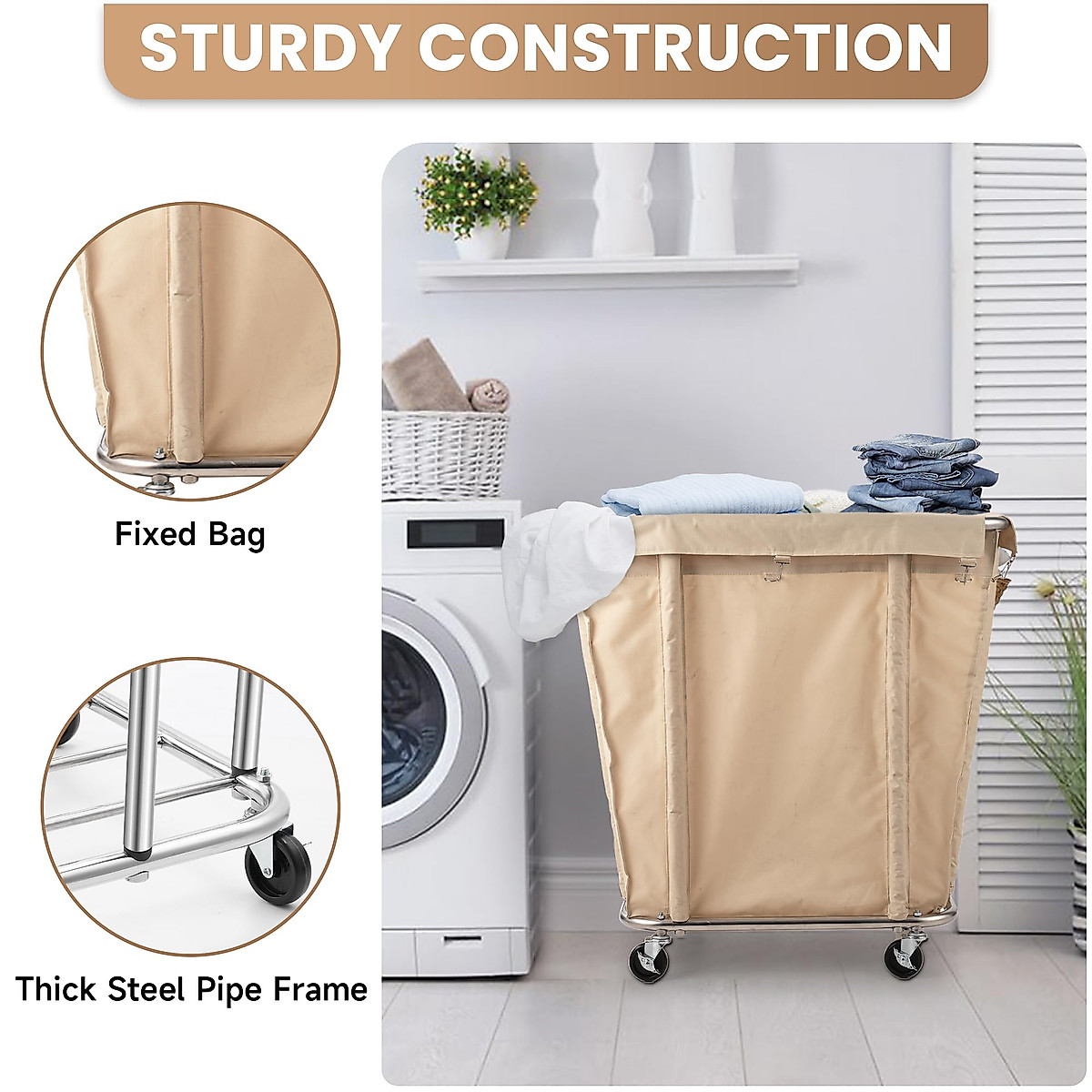 Rengue Laundry Cart with Wheels, 320 L Capacity Commercial Laundry Sorter Rolling Laundry Hamper with Waterproof Oxford Basket and Sturdy Steel Frame, 260 lbs Load, Beige