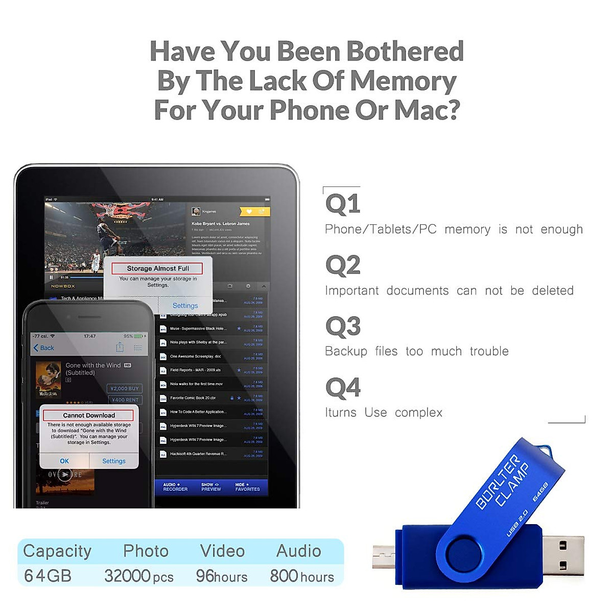 BorlterClamp 64GB USB Flash Drive Dual Port Memory Stick, OTG Thumb Drive with Micro USB Drive Port for Android Smartphone Tablet & Computer (Blue)