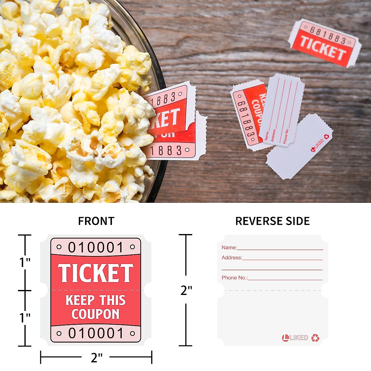 L LIKED Raffle Tickets Double Roll 2000 Tickets Consecutively Numbered 50/50 Raffle Tickets for All Event Party Prize Drawing Perforated Stubs (Easy Read Red)