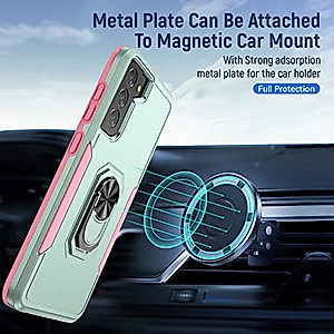 KSELF Galaxy S21 5G Case: Military-Grade Shockproof, Tempered Glass Protector, Ring Kickstand (Green & Pink)