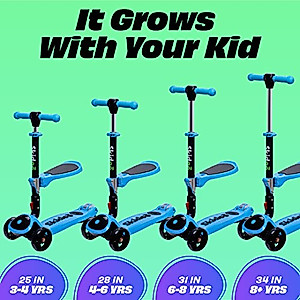 Kick Scooters for Kids Ages 3-5 (Suitable for 2-12 Year Old) Adjustable Height Foldable Scooter Removable Seat, 3 LED Light Wheels, Rear Brake, Wide Standing Board, Outdoor Activities for Boys/Girls