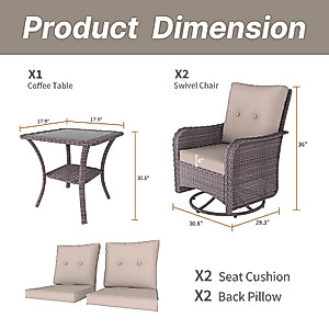 Gotland 3 Pieces Patio Swivel Rocker Wicker Chairs-Outdoor Swivel Rocking Chairs with 1 Rattan Coffee Table&2 Khaki Thickened Cushions Outdoor Furniture Conversation Sets