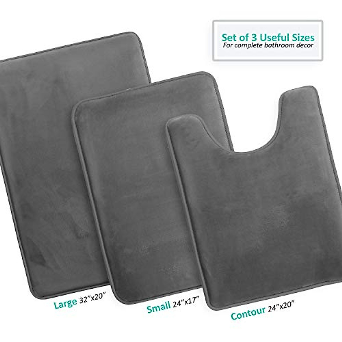 Clara Clark Bathroom Rugs Sets 3 Piece, Velvet Memory Foam Bath Mat - Non-Slip, Machine Washable Bath Rugs - Dries Quickly, Ultra Soft Bath Mats for Bathroom, Grey Bathroom Rug Set
