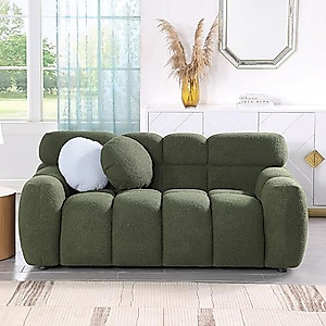 ERYE Modern Living Room Deep Seat Loveseat Overstuffed Memory Foam Cloud Love Sofa Comfy Sherpa Boucle 2 Seater Couch with 2 Pillows for Home,Office,Apartment,Company and Lobby, 65", Olive Green