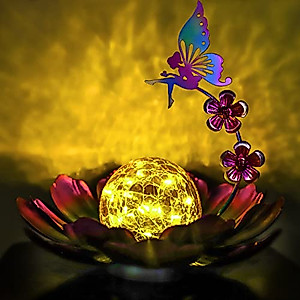 HEDAQI Solar Lotus Flower Fairy Light Outdoor Garden Decor with Crackle Globe Glass, Waterproof LED Metal Flower Light for Pathway, Patio, Yard, Walkway