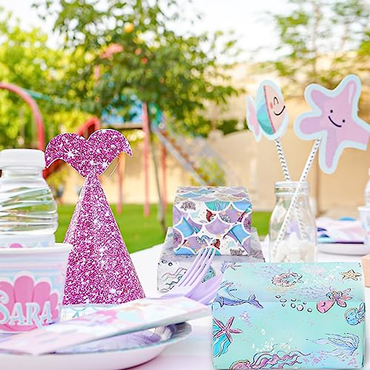 AnyDesign 12 Sheet Mermaid Wrapping Paper Purple Blue Mermaid Dolphin Jellyfish Gift Wrap Paper Bulk 6 Design Mermaid Art Paper for Birthday Baby Shower Birthday DIY Crafts Gift Packing, Folded Flat