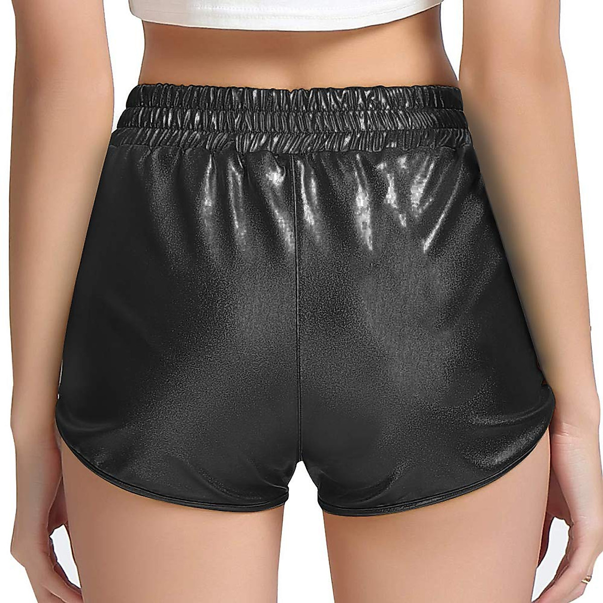 Women's Yoga Hot Shorts Elastic Waist Shiny Metallic Pants (Black, M)