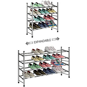 TZAMLI 4-Tier Free Standing Shoe Rack Metal Iron of Expandable and Adjustable Shoes Organizer, Stackable Shoe Shelf for Entryway Doorway, 24.41" x 8.66" x 25.98" (Silver Gray, 4-Tier)