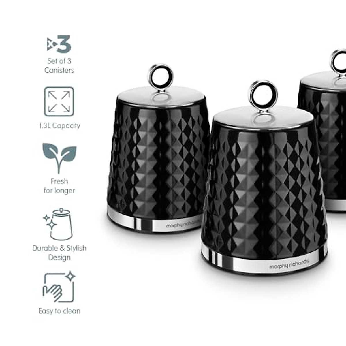 Morphy Richards 978053 Dimensions Set of 3 Round Kitchen Storage Canisters, Black