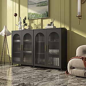 OSEILLC Metal Sideboard Buffet Cabinet with Tempered Glass Doors, Accent Cabinet with Adjustable Shelves, Credenza Cupboard Console Table for Kitchen, Living Room, Dining Room, Bedroom, Hallway