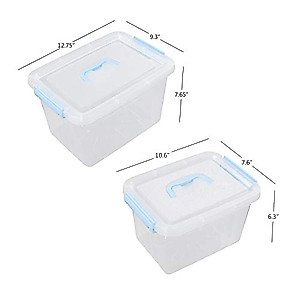 Hespama 12 Quart&6 Quart Storage Bin, Plastic Latching Box/Container with Clear Lid, Blue Handle and Latches