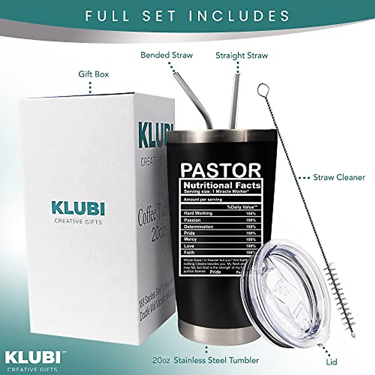 KLUBI Pastor Gifts for Men Women- 20oz Travel Coffee Mug - Funny Gift Idea for Appreciation, Women, Birthday, Basket, Anniversary, Best
