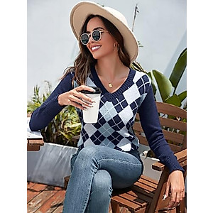 ZAFUL Women's Argyle Sweater V-Neck Cropped Sweater Long-Sleeve Plaid Sweater Pullover Jumper Knit Top (1-Cobalt Blue,S)