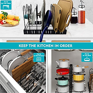 Kphico Pots and Pans Organizer,Pot Rack with 3 DIY Methods,Adjustable Pan Organizer Rack with 8 Tiers,Non-Slip Pan Pot Rack for Kitchen Cabinet Organizer and Storage,Send 1 PCS Cleaning Cloth