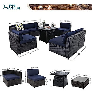 PHI VILLA 9 Pieces Patio Furniture Set with Fire Pit Rattan Sectional Sofa Set Outdoor Wicker Patio Conversation Sets with Coffee Table, CSA Approved Gas Fire Pit Table(28 Inch, Navy Blue)