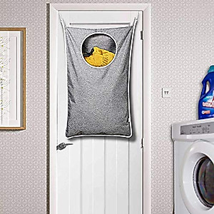 KEEPJOY Hanging Laundry Hamper Bag with Free Adjustable Stainless Steel Door 2 PCs Suction Cup Hooks, Best Choice for Holding Dirty Clothes and Saving Space, Grey