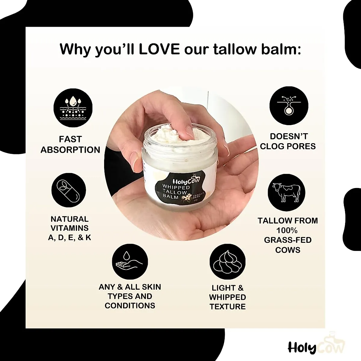 Beef Tallow For Skin - Whipped Tallow Balm with Organic Jojoba Oil, Grass Fed Beef Tallow Face Moisturizer for Eczema, Baby, Lip Balm - Lotion For Extremely Dry Skin (Vanilla Bean)