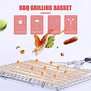 Yeeteching BBQ Grill Basket,430 Durable Food Grade Stainless Steel Fish Grilling Basket with Removable Handle for Fish Vegetable Steak Shrimp with 2 Pack Brushes (grill basket+brushes)