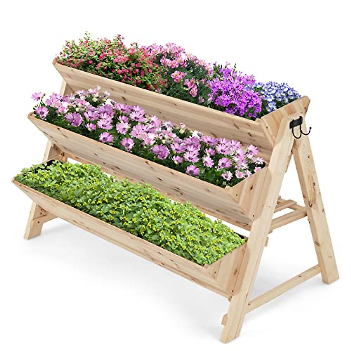 Safstar 3-Tier Vertical Garden Bed, Wooden Elevated Planter Bed with Legs, Storage Shelf, 2 Hooks, Raised Bed Kit for Flower Vegetable Herb, Outdoor Plant Box Stand for Yard Garden Balcony Planter