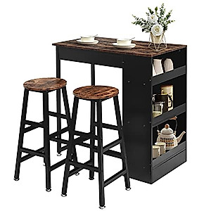 COSTWAY 3 Pieces Bar Table and Chairs Set, Counter Height Dining Table with 2 Bar Stools and 3 Shelves, Industrial Pub Kitchen Table Set for Living Room, Restaurant, Bar, Brown