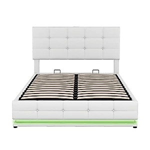 BIADNBZ Full Size Tufted Upholstered Platform Bed with Hydraulic Storage System, Lift Up Storage Bedframe w/LED Lights and USB Charger, White