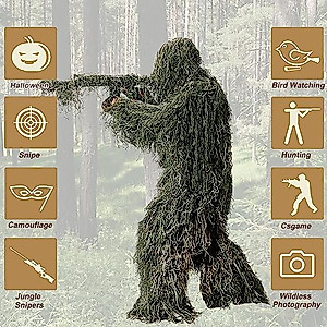 Ghillie Suit, 3D Camouflage Hunting Apparel Including Jacket, Pants, Hood, Carry Bag, Camo Hunting Clothes for Men, Hunters, Military, Sniper Airsoft, Paintball (Medium or Large, Woodland)