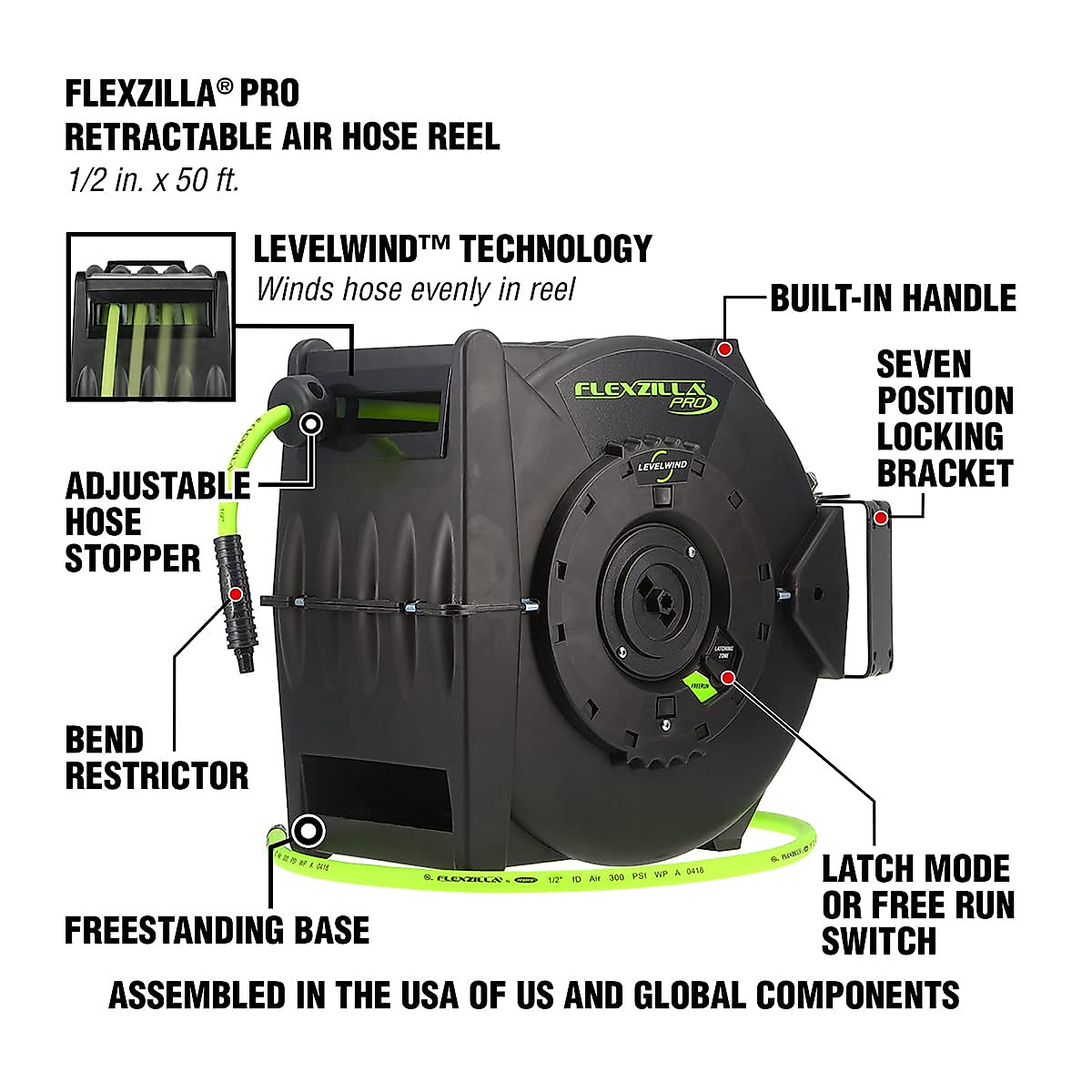 Flexzilla Pro Levelwind Retractable Air Hose Reel, 1/2 in. x 50 ft., Heavy Duty, Lightweight, Hybrid, ZillaGreen - L8335FZ