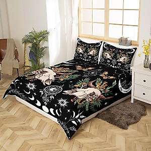 Sun Moon Dreamcatcher Duvet Cover Set Queen Size,Cow Skull Mushroom Plants Bedding Set,Girls Boys Room Decor,Dead Moth Butterfly Boho Comforter Cover,Black White Trippy Quilt Cover,2 Pillowcases