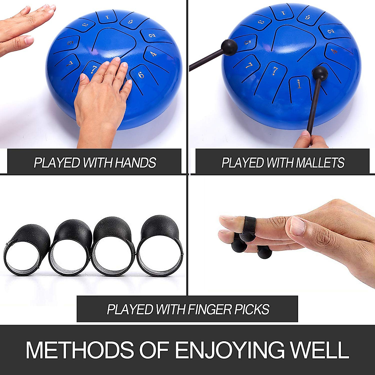 Steel Panda Drum Tank Drum Standard 11 Key 11 Notes 10 Inch Percussion Instrument with Drum Mallets and Carry Bag (10 inch, Blue)