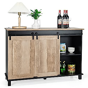 LOKO Farmhouse Buffet Cabinet with Storage, Rustic Bar Cabinet with 2 Sliding Barn Doors, Kitchen Sideboard Storage Cabinet with Adjustable Shelves, 48 x 16 x 33 inches