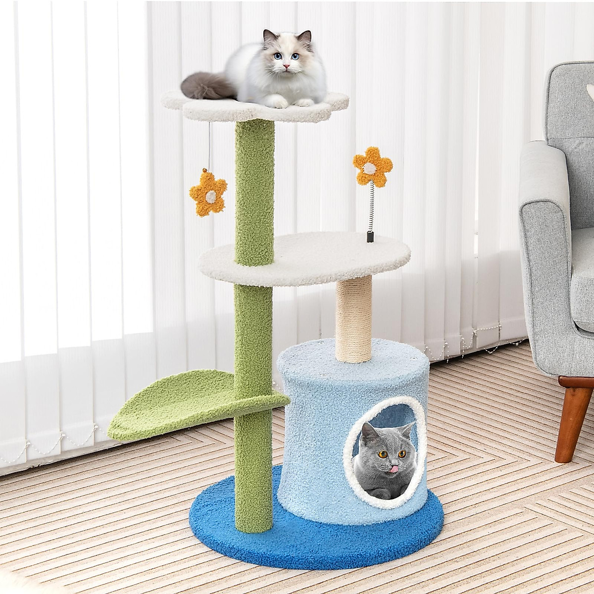 Tangkula Cute Cat Tree, Flower Cat Tower with Sisal Scratching Post, Plush Leaf-Shaped Perch, Roomy Condo, Fluffy Spring Ball & Jingling Ball, Small Cat Tree for Indoor Cats 20 lbs Heavy Duty