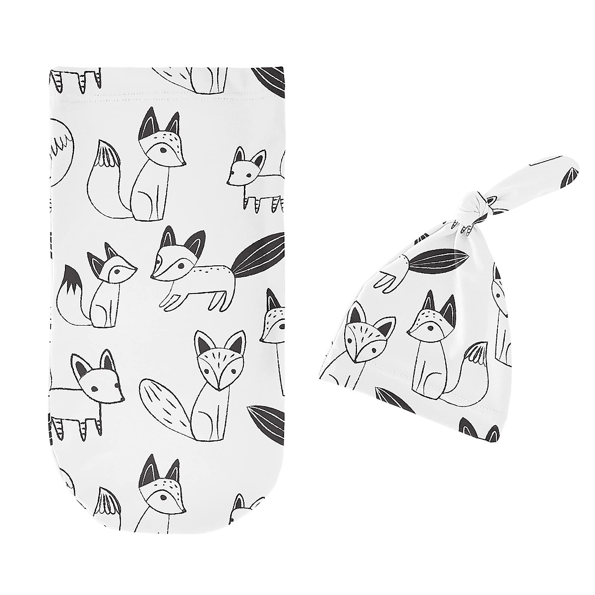 Sweet Jojo Designs Woodland Fox Baby Boy or Girl Cocoon and Beanie Hat Set Jersey Stretch Knit Sleeping Bag for Infant Newborn Nursery Sleep Wrap Sack - Black and White Forest Animal Gender Neutral