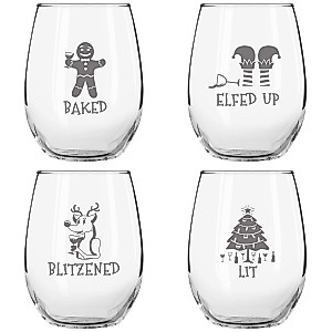 Drunk Christmas Funny Stemless Wine Glasses Set of 4 | Hilarious Christmas Themed Wine Glass for Holiday Party | 4 Designs | 15 oz Cheerful Party Cups & Gift Exchange Idea for White Elephant, Xmas