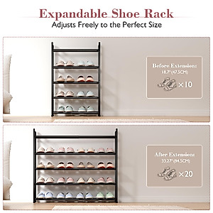 Bumusty 5-Tier Expandable Shoe Rack for Closet, 18“-33” Adjustable Shoe Rack for Small Space, Small Shoe Organizer for Front Door, Sturdy Metal (Black)