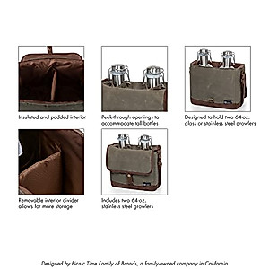 LEGACY - a Picnic Time brand Insulated Double Growler Tote with 64 oz. Stainless Steel Growlers, Beer Gifts for Men, Waxed Canvas Bag Water Bottle Carrier, (Khaki Green with Brown Accents)