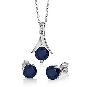 Gem Stone King 925 Sterling Silver Blue Sapphire and White Diamond Pendant and Earrings Jewelry Set For Women (3.05 Cttw, with 18 Inch Silver Chain)
