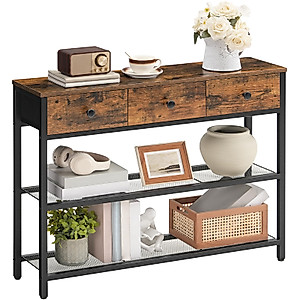 HOOBRO 39.4" Narrow Console Table with 3 Fabric Drawers, Small Entryway Table with 3-Tier Storage Shelves, Thin Sofa Table, Side Table, for Living Room, Hallway, Rustic Brown and Black BF82XG01