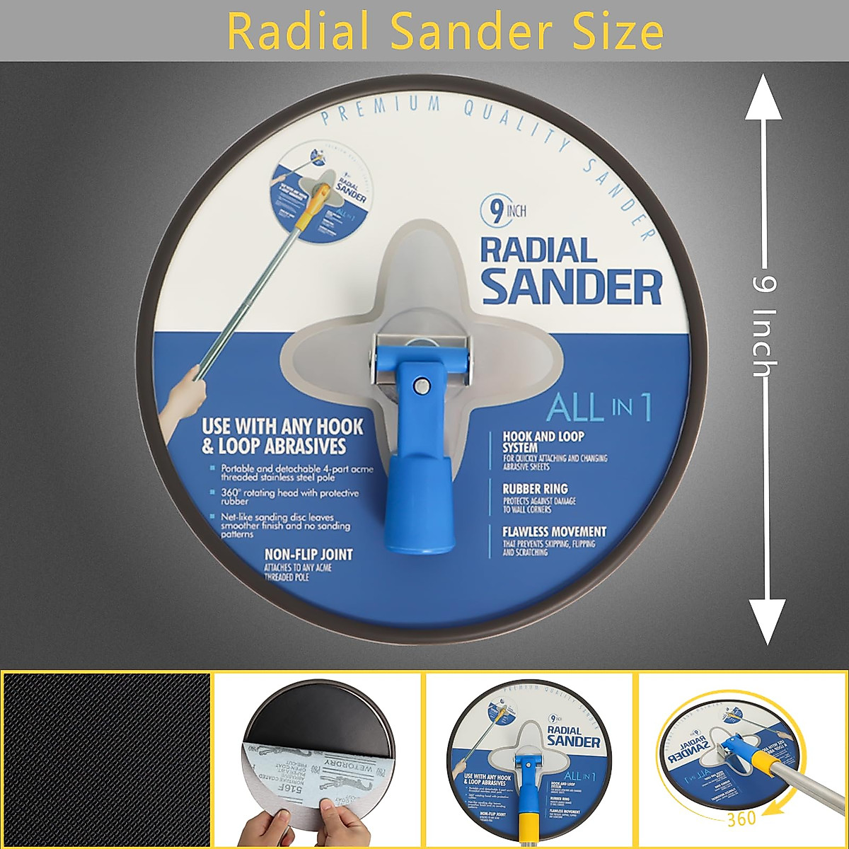 Radial Sander with Pole, 9 Inch Drywall Pole Sander, Wall Sander for Painting Prep, 360 Degree Rotary Round Circular Hand Sanding Head for Dry Wall and Ceilings+ 25pcs Wall Sanding Discs